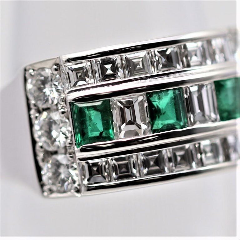 Wide Diamond Emerald Platinum Band Ring For Sale at 1stDibs