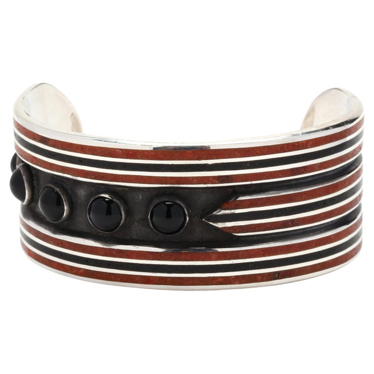 Wide Geometric Black Onyx Enamel Cuff Bracelet, Sterling Silver For ...