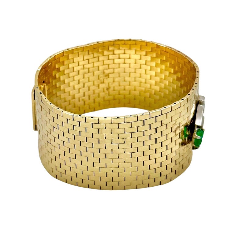 Wide Retro Period 14K Gold Brick Bracelet with Gem Set Art Deco ...