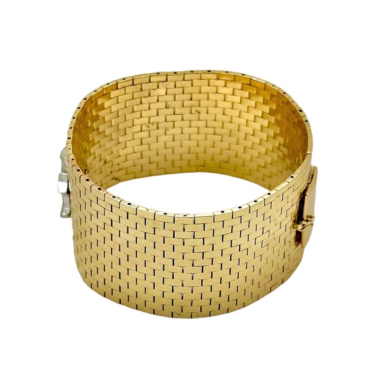 Wide Retro Period 14K Gold Brick Bracelet with Gem Set Art Deco ...