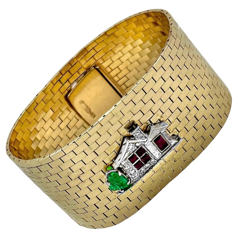 Wide Retro Period 14K Gold Brick Bracelet with Gem Set Art Deco ...