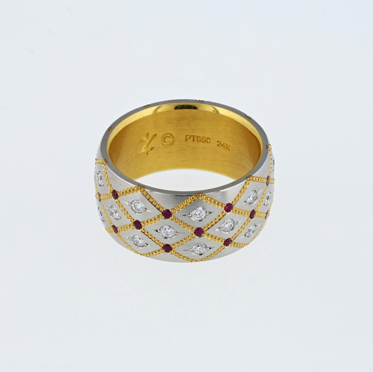 Wide Ruby and Diamond band in Platinum and 24 Karat Gold by Zoltan ...