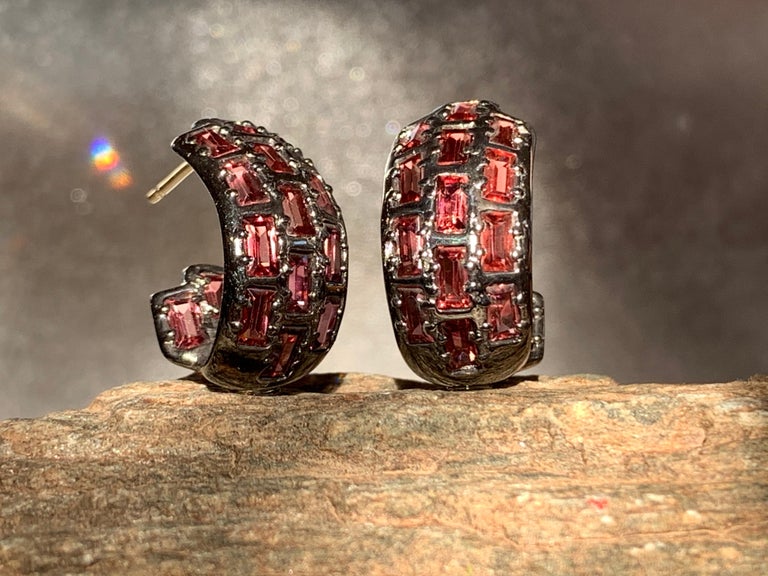 Wide Short Sterling Silver Hoop Earrings with Garnet Baguettes For Sale ...