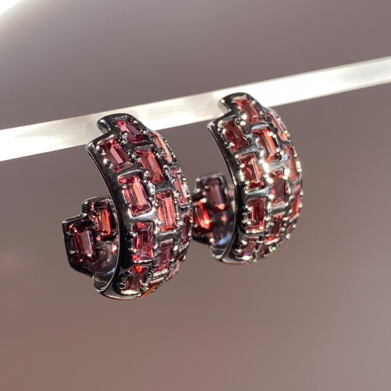 Wide Short Sterling Silver Hoop Earrings with Garnet Baguettes For Sale ...