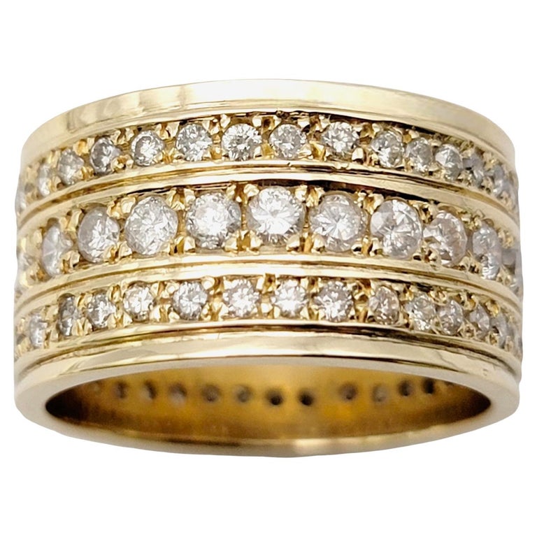 Wide Three Row Round Brilliant Diamond Eternity Band Ring 14 Karat Yellow Gold For Sale at 1stDibs