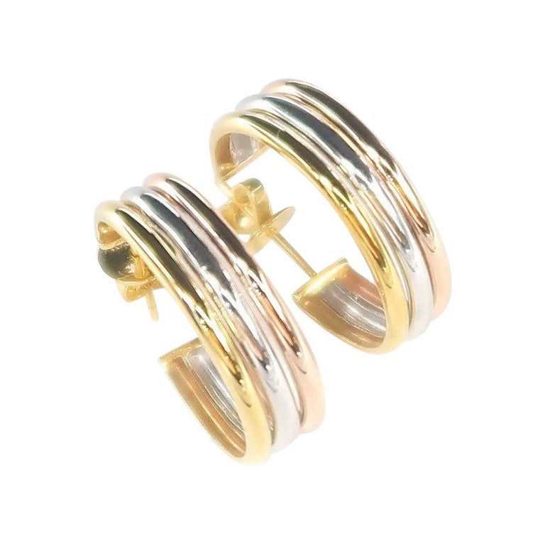 Wide Tricolour 18K Gold Fluted Band Push Back Closure Hoop Earrings For ...
