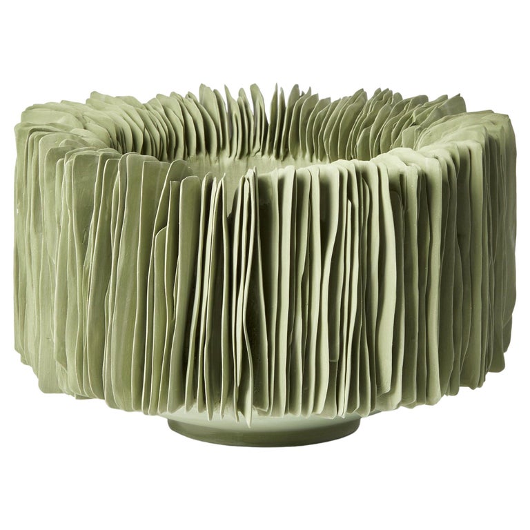 Wide Vertical Bowl in Olive Green, Ridged Porcelain Sculpture by Olivia ...