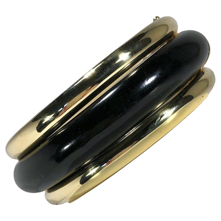 Wide Vintage 18k Yellow Gold and Black Jade Bombe Bangle Bracelet For ...