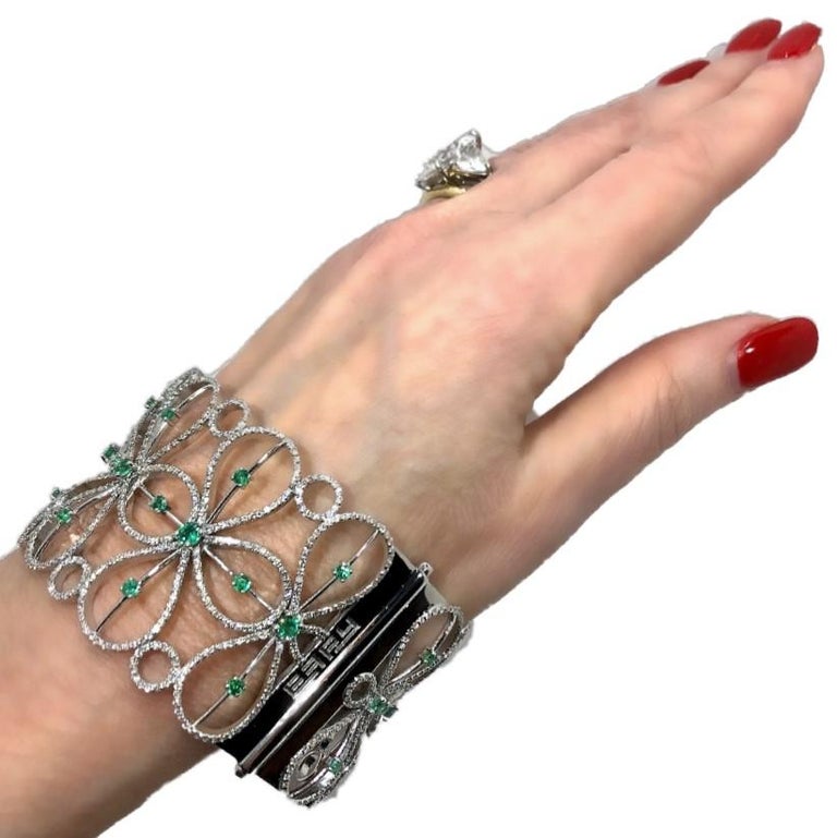 Wide White Gold Emerald and Diamond Cuff by Designer Effy For Sale at ...