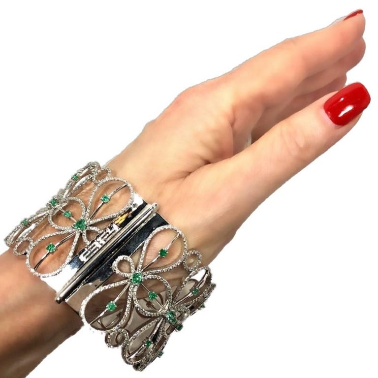 Wide White Gold Emerald and Diamond Cuff by Designer Effy For Sale at ...
