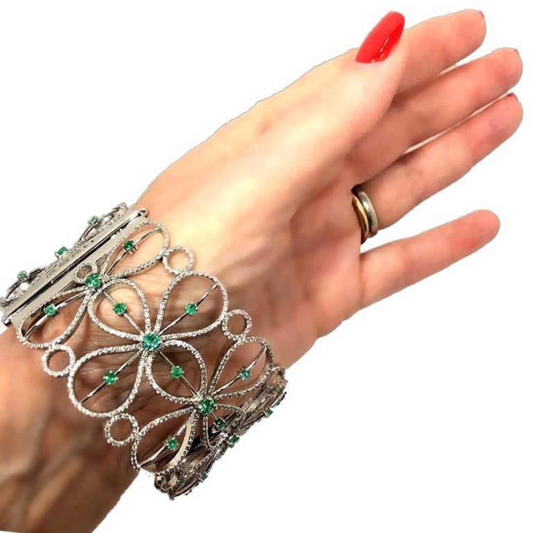 Wide White Gold Emerald and Diamond Cuff by Designer Effy For Sale at ...