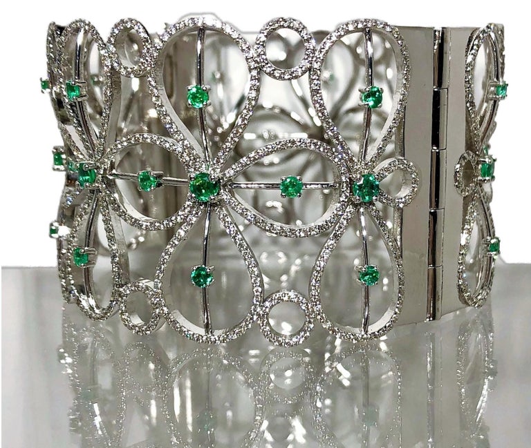 Wide White Gold Emerald and Diamond Cuff by Designer Effy For Sale at ...