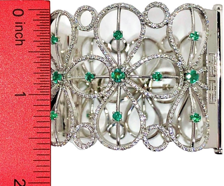 Wide White Gold Emerald and Diamond Cuff by Designer Effy For Sale at ...