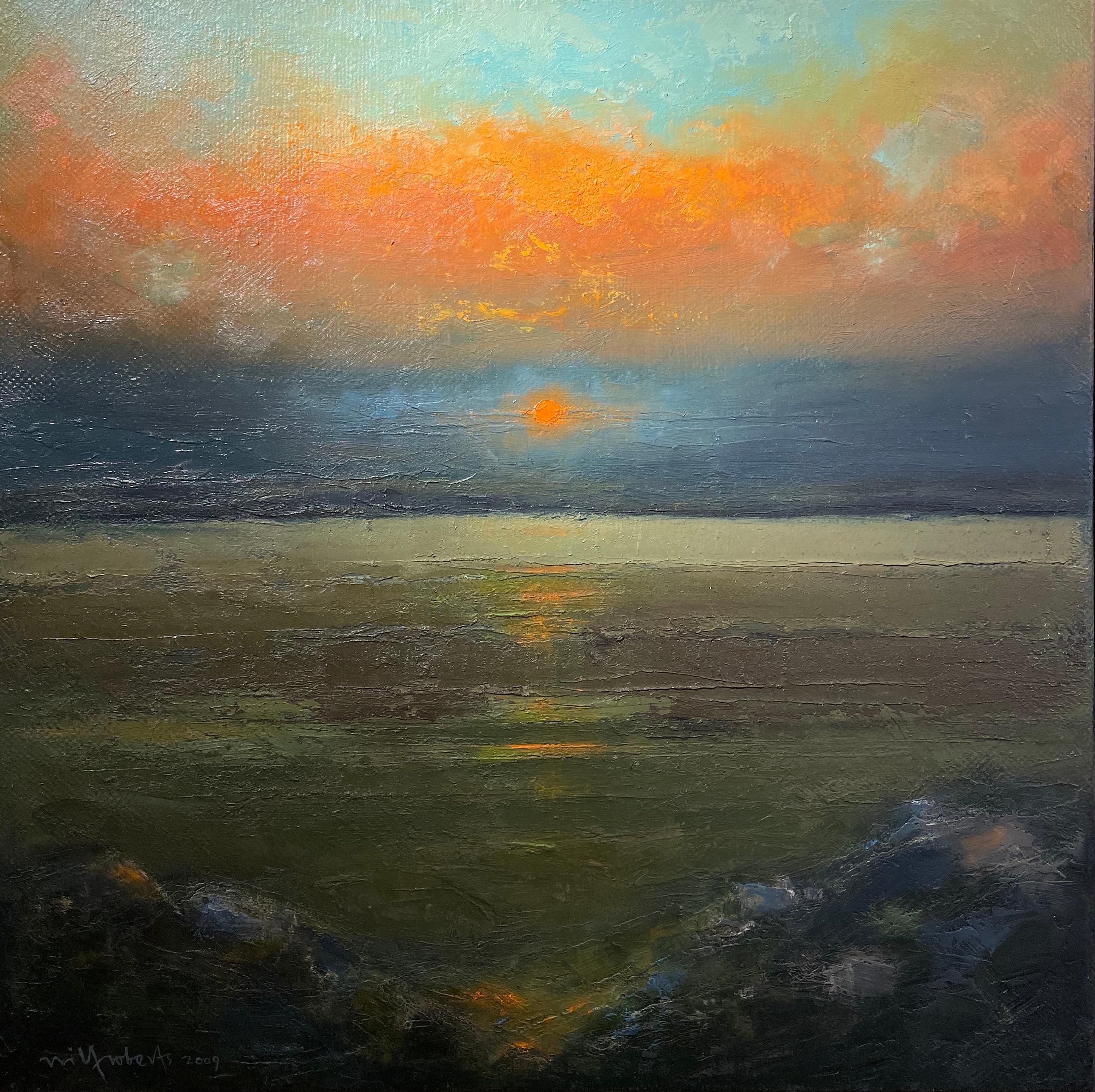 Wilf Roberts - 'Sunset over the Garn' Rural welsh seascape painting ...