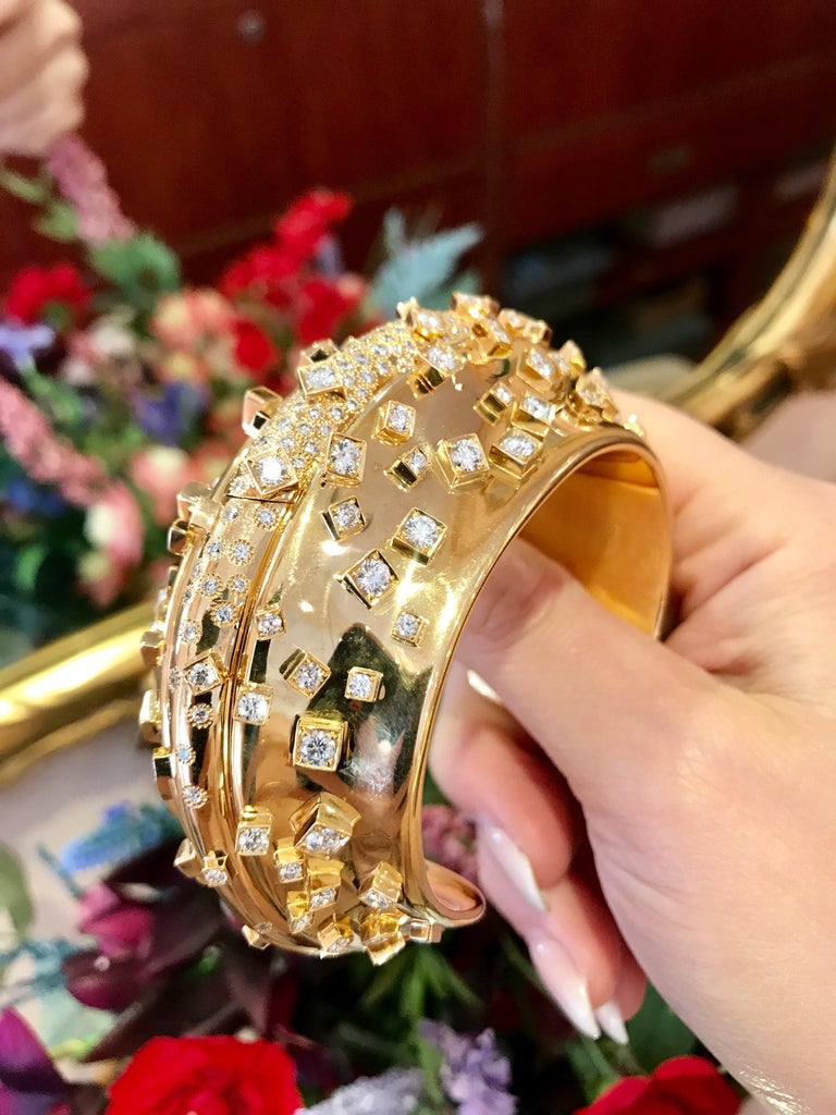 Wilfredo Rosado Diamond and Feather Array Cuff Bracelet in18k Yellow ...
