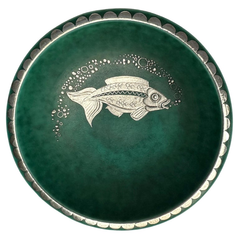 Wilhelm Kage Bowl in Ceramic with Silver Fish Inlay for Gustavsberg ...