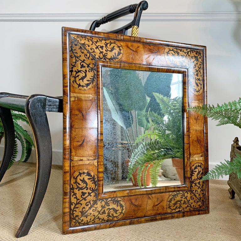 William and Mary Marquetry Inlaid Walnut Cushion Mirror For Sale at 1stDibs