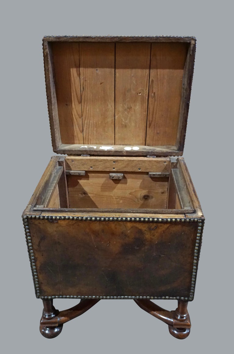 William and Mary Style Walnut Leather Upholstered Small Footstool with ...