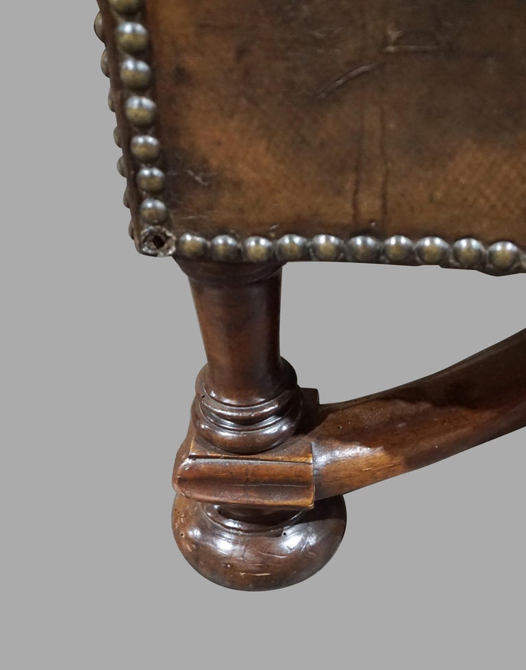 William and Mary Style Walnut Leather Upholstered Small Footstool with ...