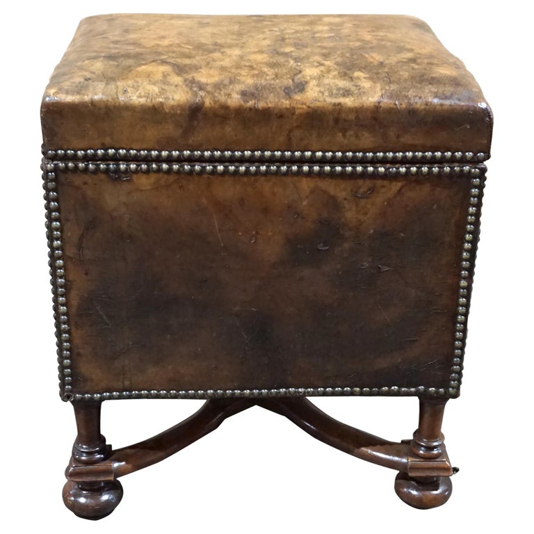 William and Mary Style Walnut Leather Upholstered Small Footstool with ...