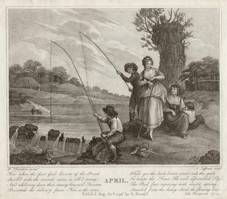 'April', late 18th century Georgian fishing angling sporting engraving ...