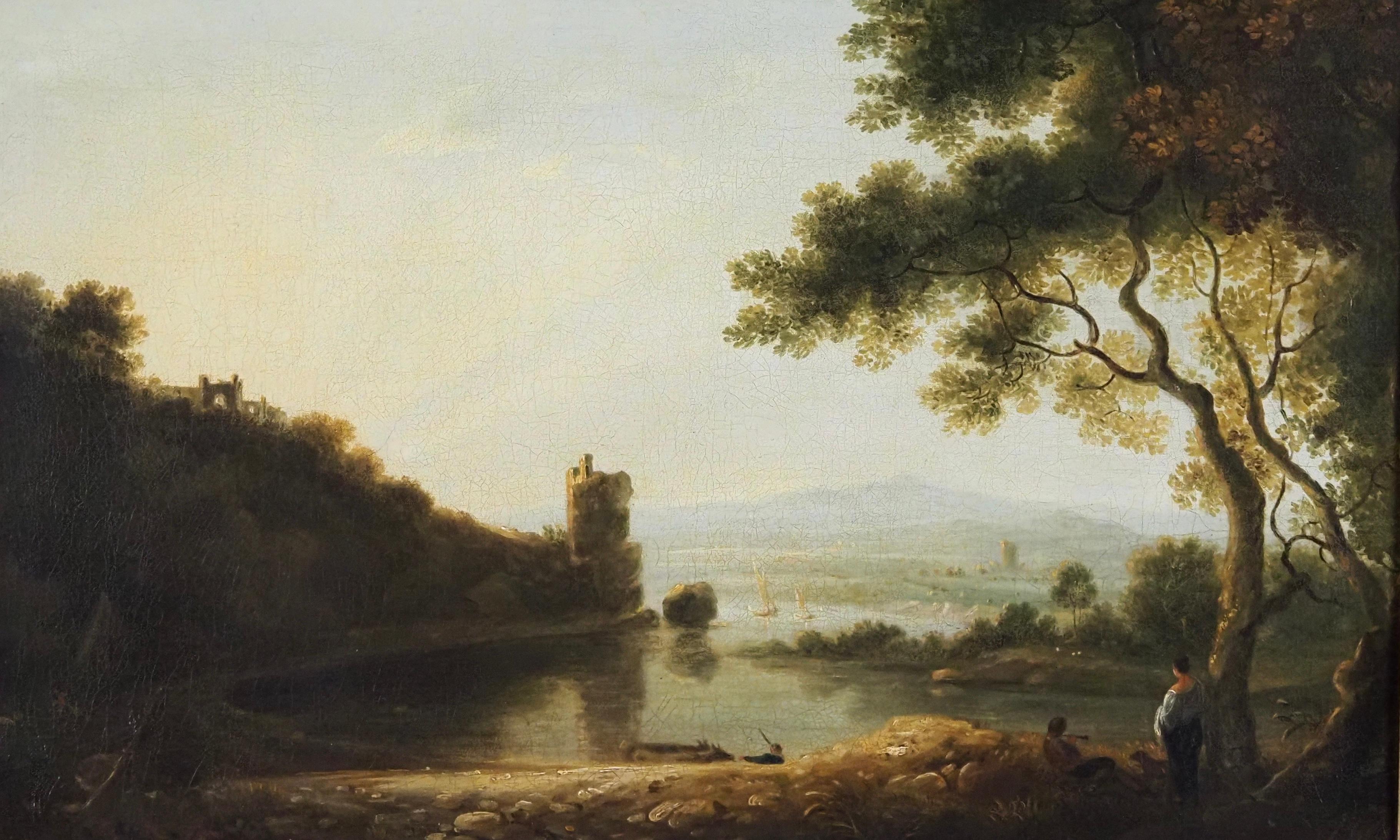 William Hodges - Figures resting by a tree in a classical river landscape For Sale at 1stDibs