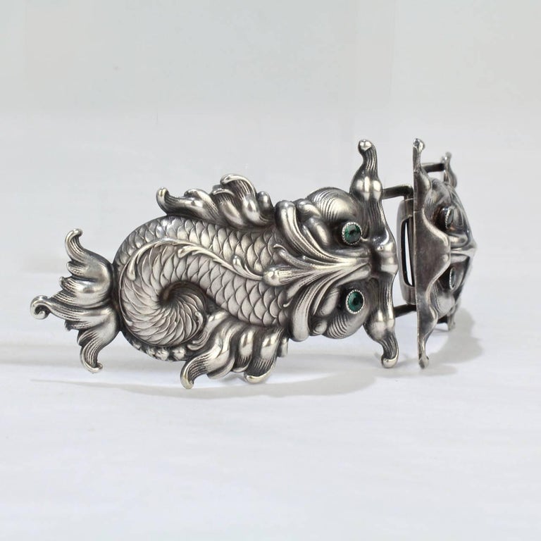 William Kerr Sterling Silver Figural Dolphins Belt Buckle with Emerald ...