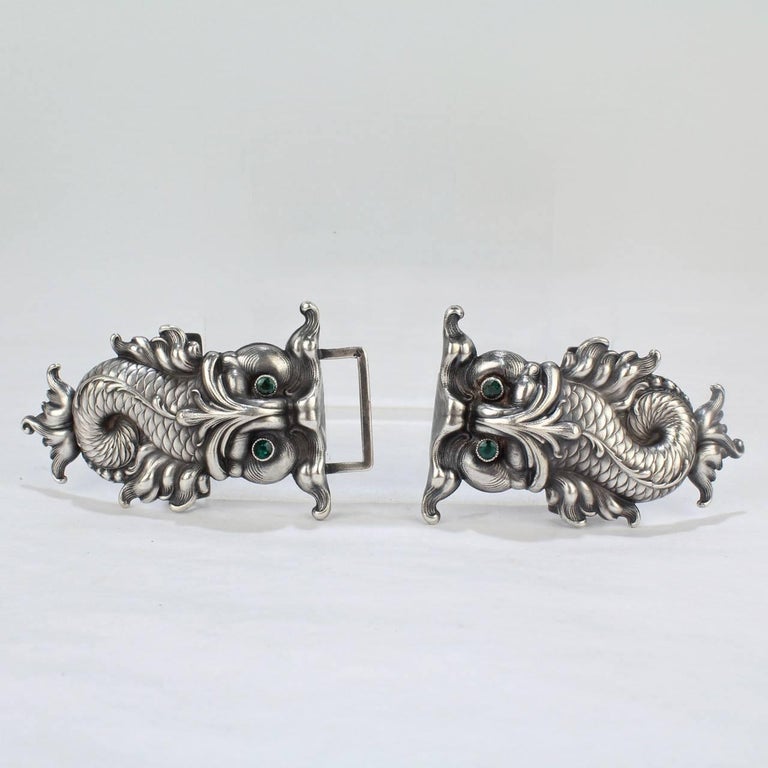 William Kerr Sterling Silver Figural Dolphins Belt Buckle with Emerald ...