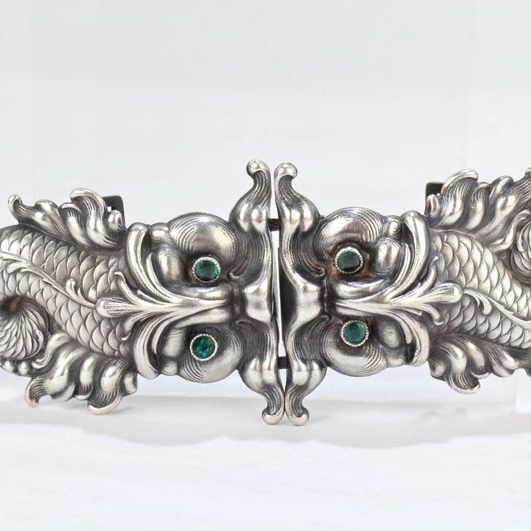 William Kerr Sterling Silver Figural Dolphins Belt Buckle with Emerald ...