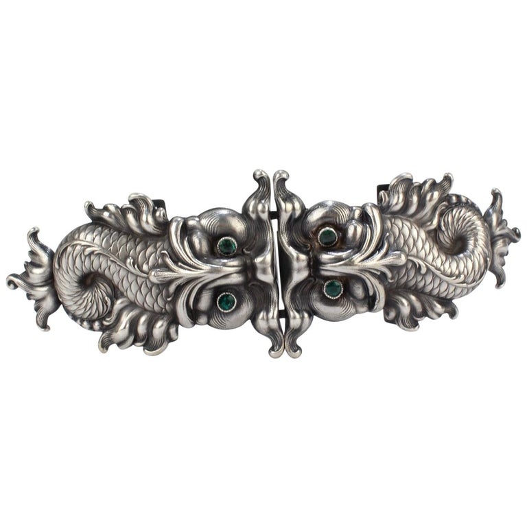 William Kerr Sterling Silver Figural Dolphins Belt Buckle with Emerald ...
