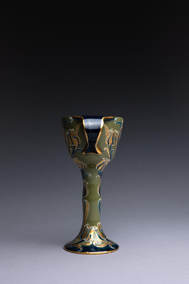 William Moorcroft Green and Gold Florian Ware Goblet For Sale at 1stDibs
