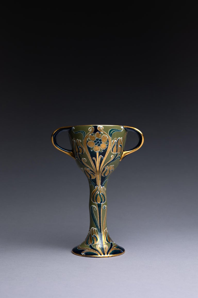 William Moorcroft Green and Gold Florian Ware Goblet For Sale at 1stDibs