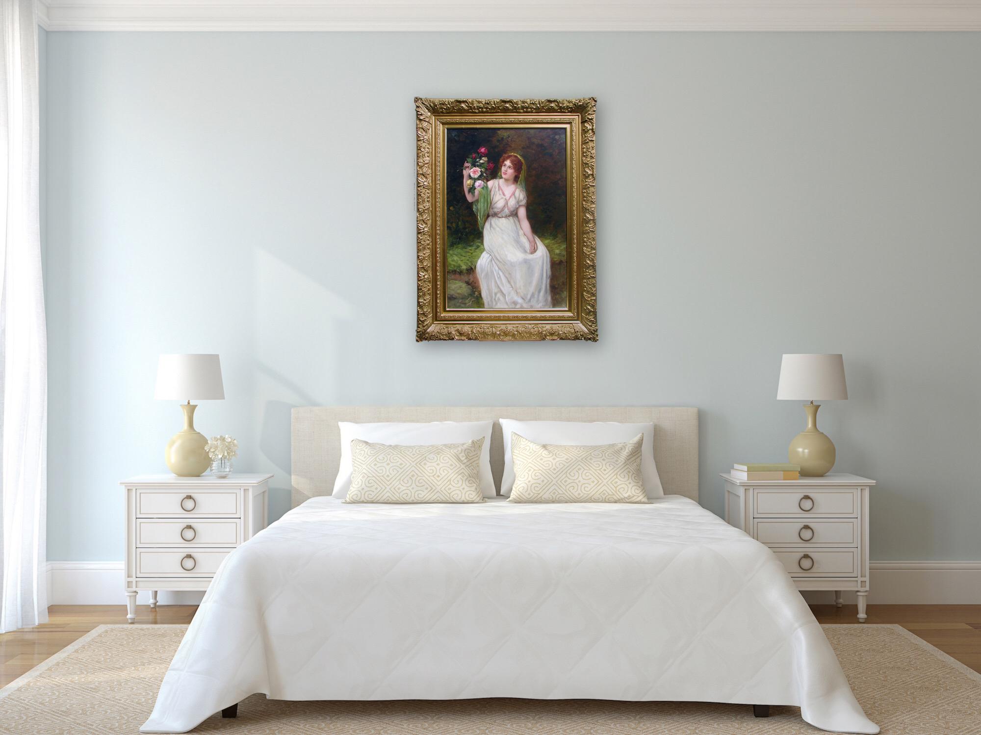 William Oliver - 19th Century genre painting of a woman holding flowers ...