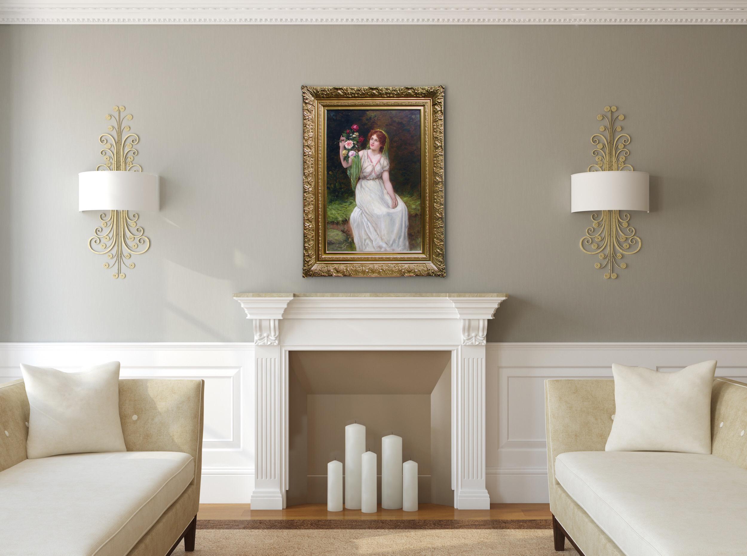 William Oliver - 19th Century genre painting of a woman holding flowers ...