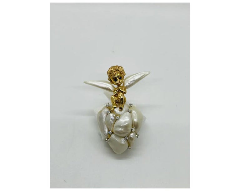William Ruser 14K Gold Cupid Cherub Angel Brooch Set With Pearls For ...