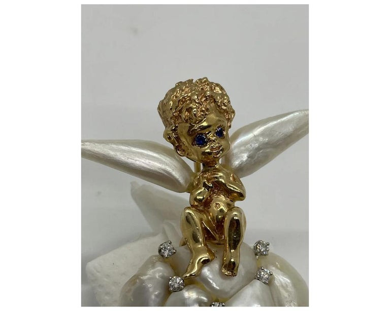 William Ruser 14K Gold Cupid Cherub Angel Brooch Set With Pearls For ...