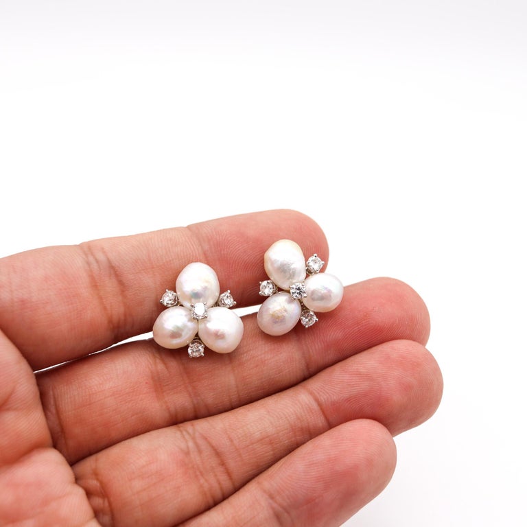 William Ruser 1950 Clip on Earrings in Platinum with Natural Pearls and ...