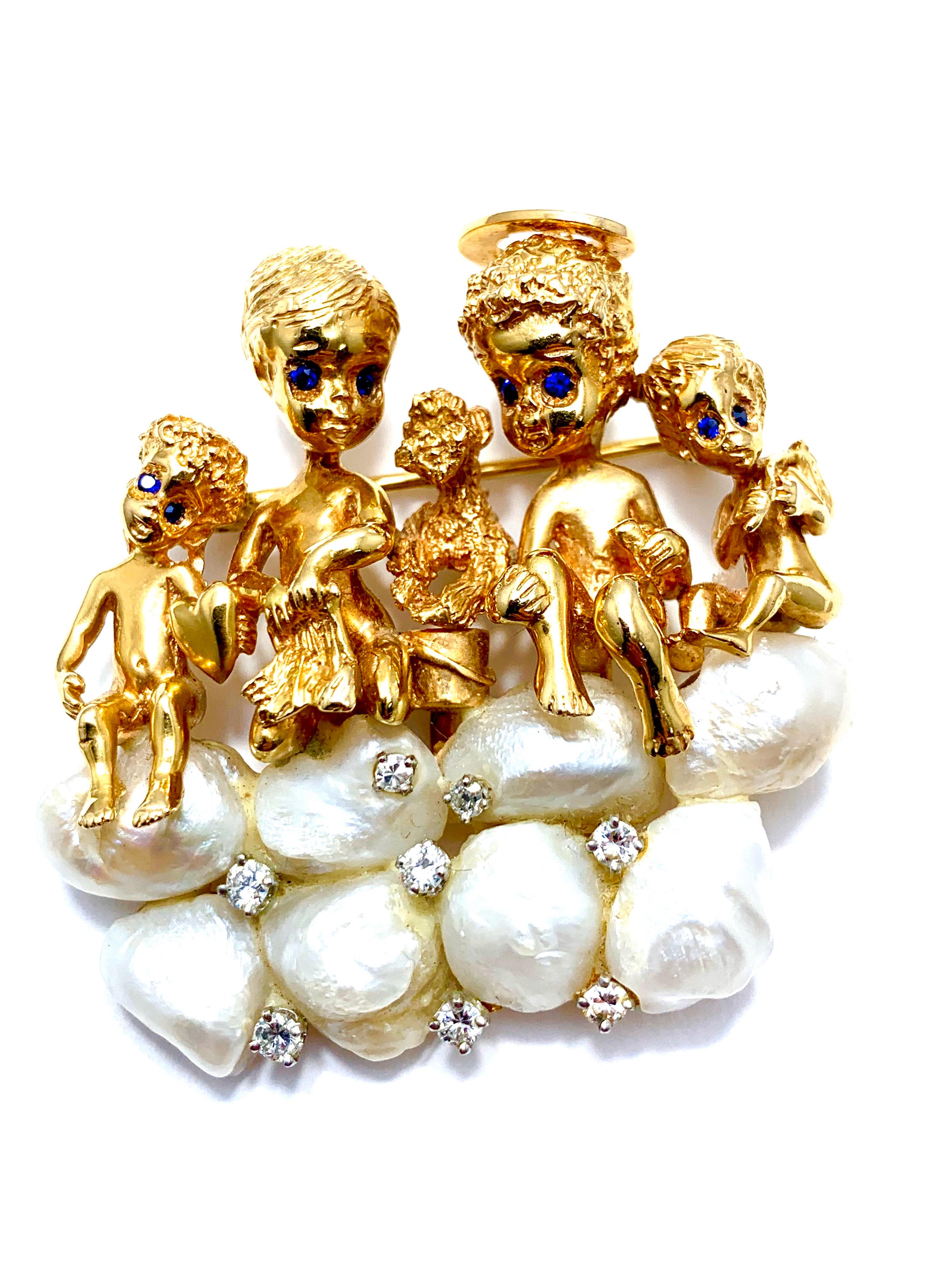 William Ruser Angel with Children and Dog Seated on a Wall of Pearl and ...