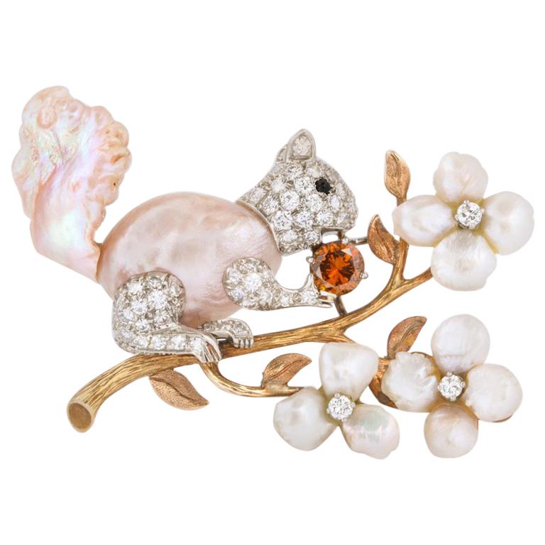 William Ruser Pearl Diamond Squirrel Pin at 1stDibs