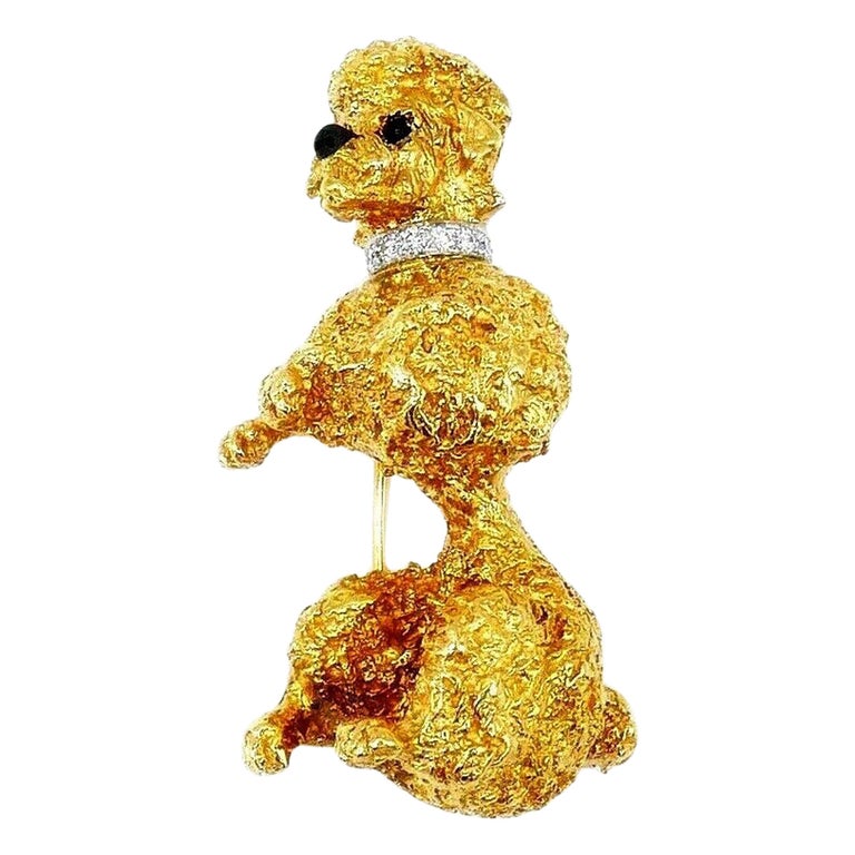 William Ruser Vintage Yellow Gold Diamond Onyx Poodle Pin For Sale at ...