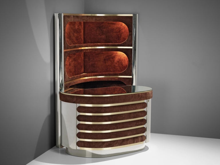 Willy Rizzo Bar Cabinet in Metal and Brown Suede at 1stDibs