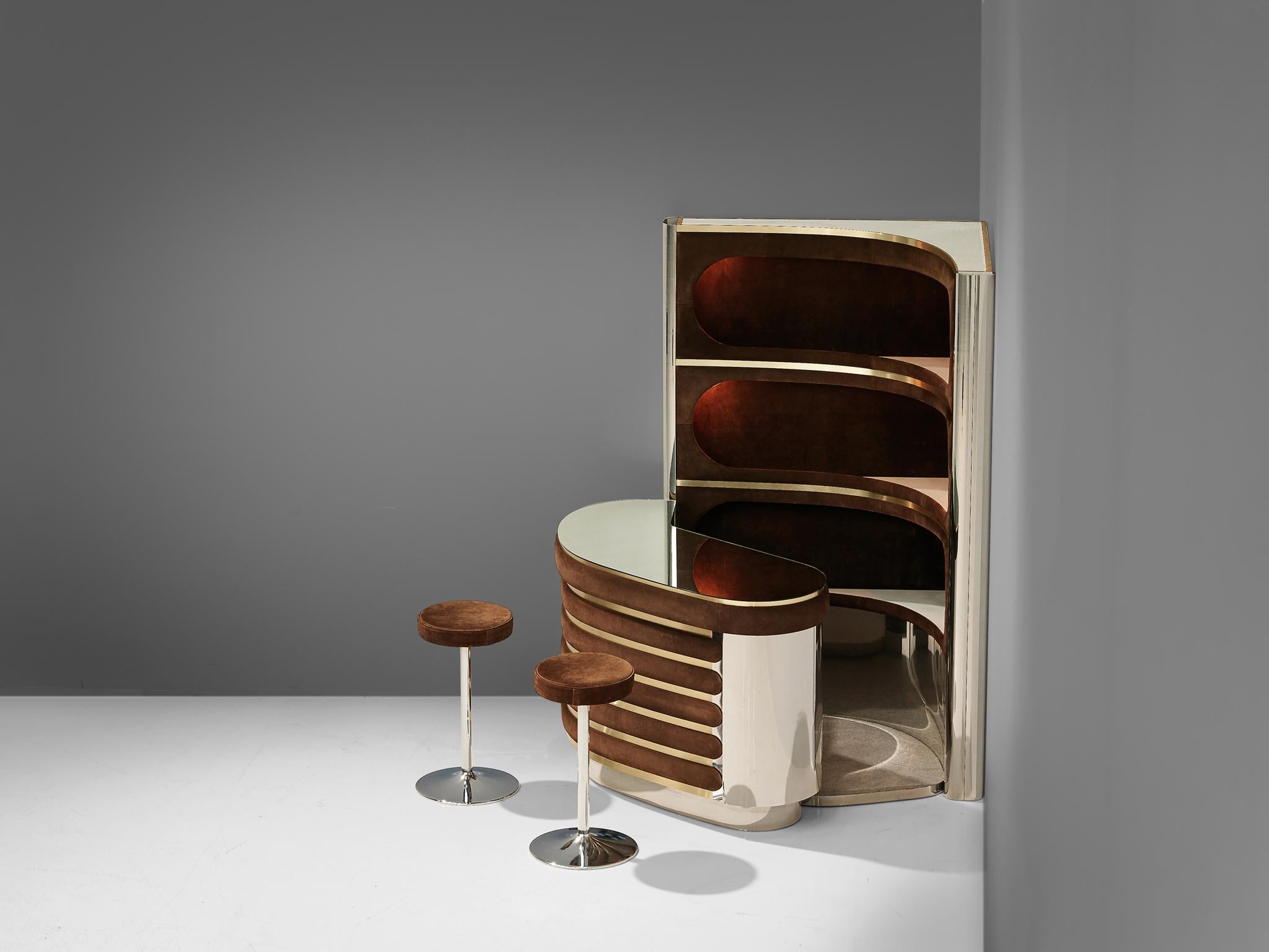 Willy Rizzo Bar Cabinet with Barstools in Suede at 1stDibs