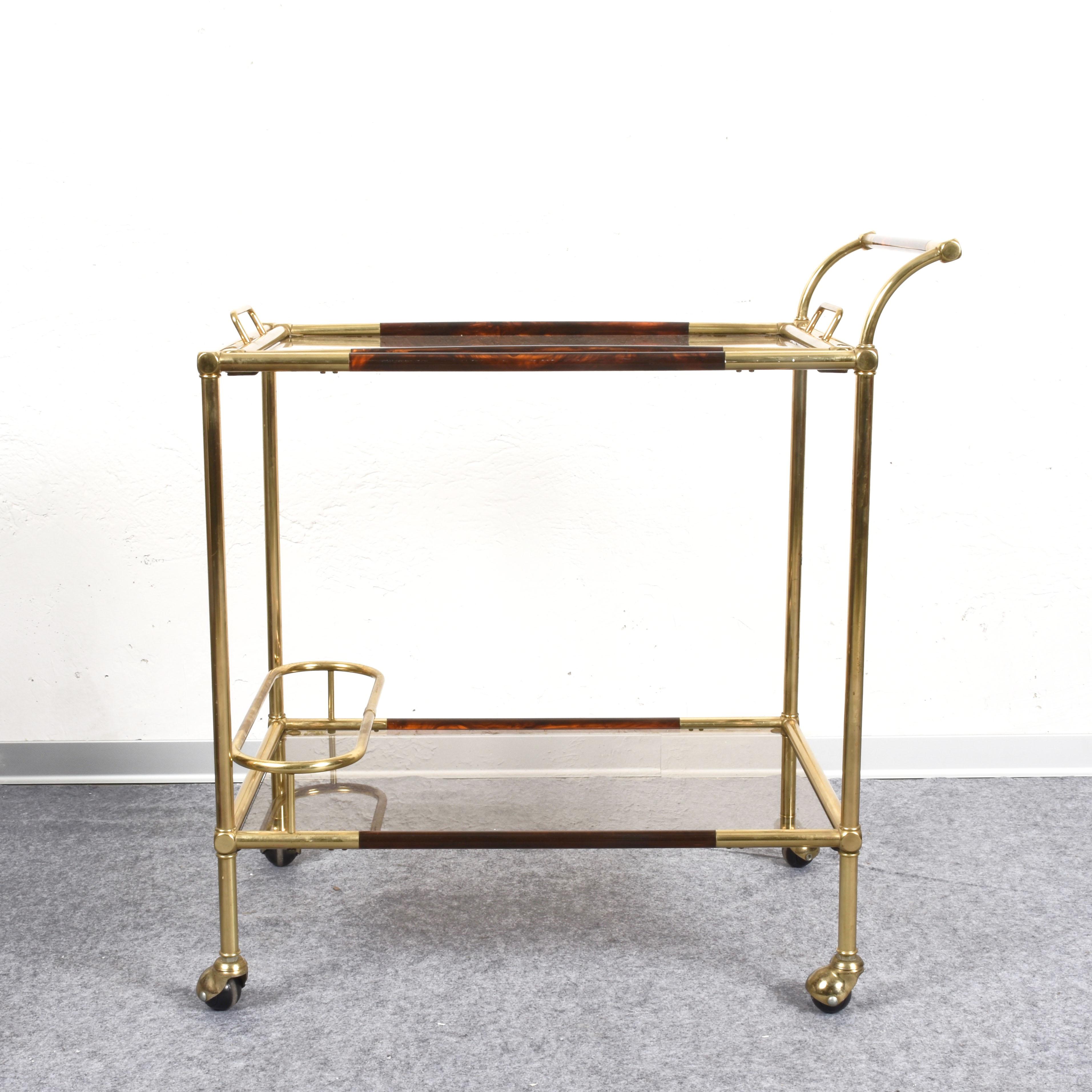 Willy Rizzo Brass and Lucite Tortoise Italian Trolley with Service Tray ...