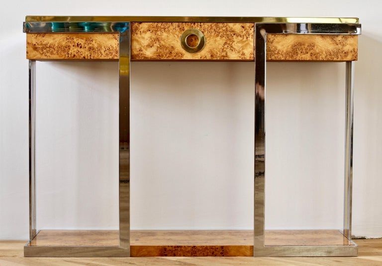 Willy Rizzo Burlwood Veneer Brass and Chrome Large Oversized Console ...