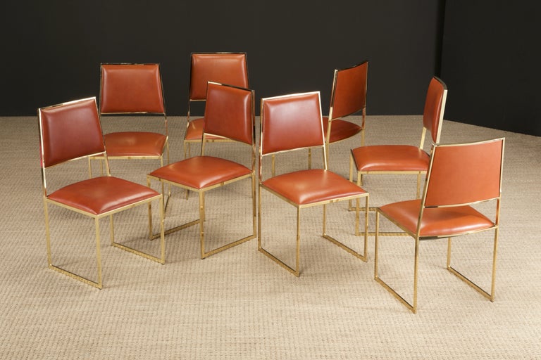 Willy Rizzo for Cidue Dining Chairs in Brass and Cognac Leather, c 1970 ...
