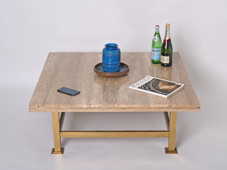 Willy Rizzo Italian Squared White Travertine Marble and Brass Coffee ...