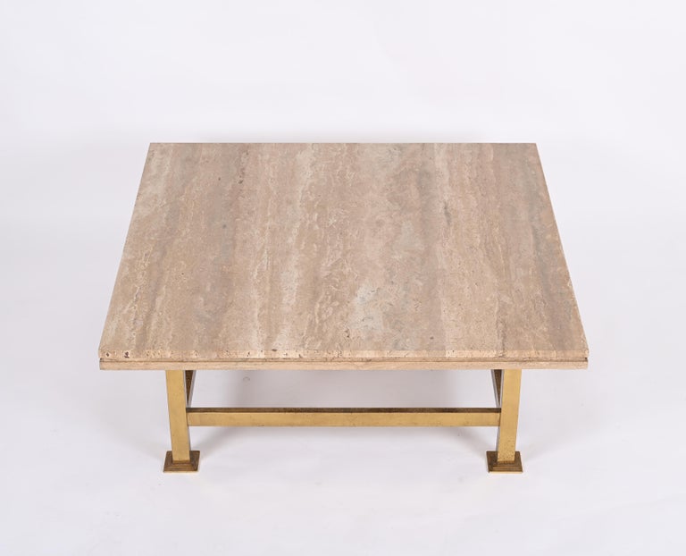 Willy Rizzo Italian Squared White Travertine Marble and Brass Coffee ...