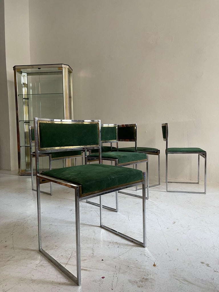 Willy Rizzo Patinated Green Suede Leather Brass Chrome Dining Chairs ...