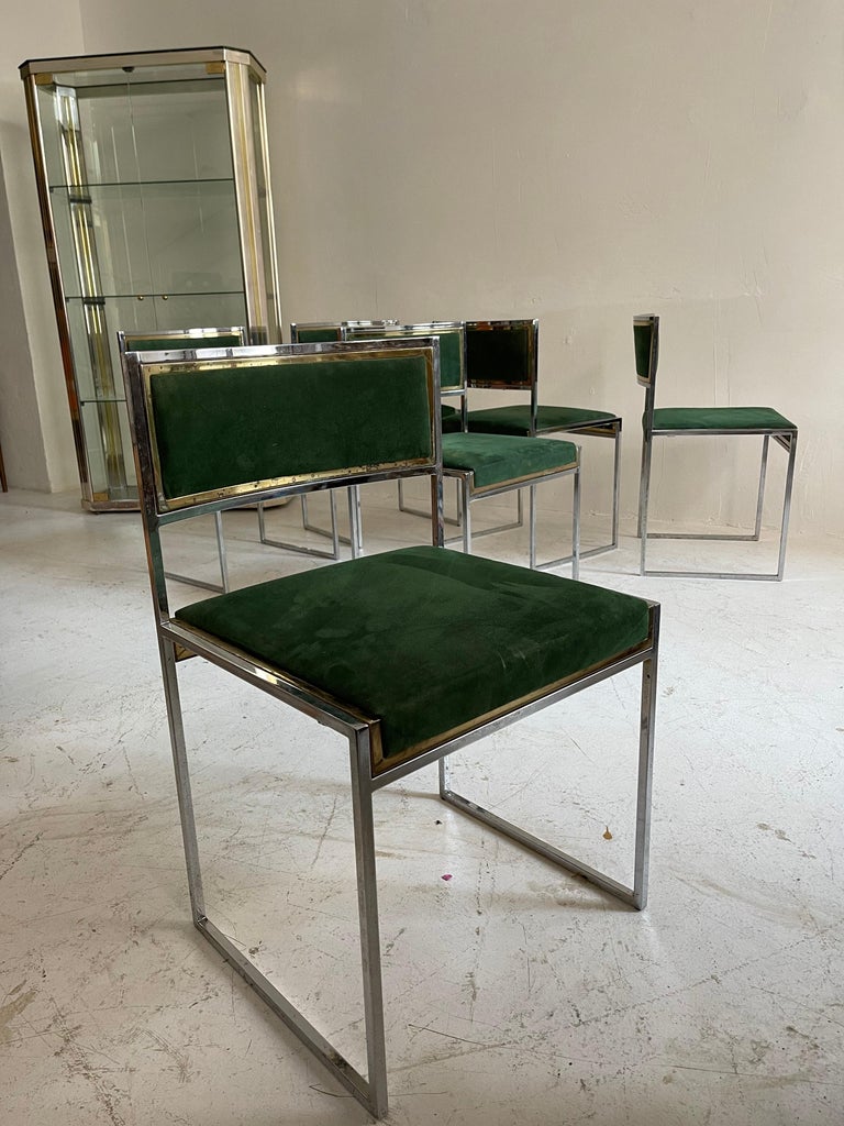 Willy Rizzo Patinated Green Suede Leather Brass Chrome Dining Chairs ...