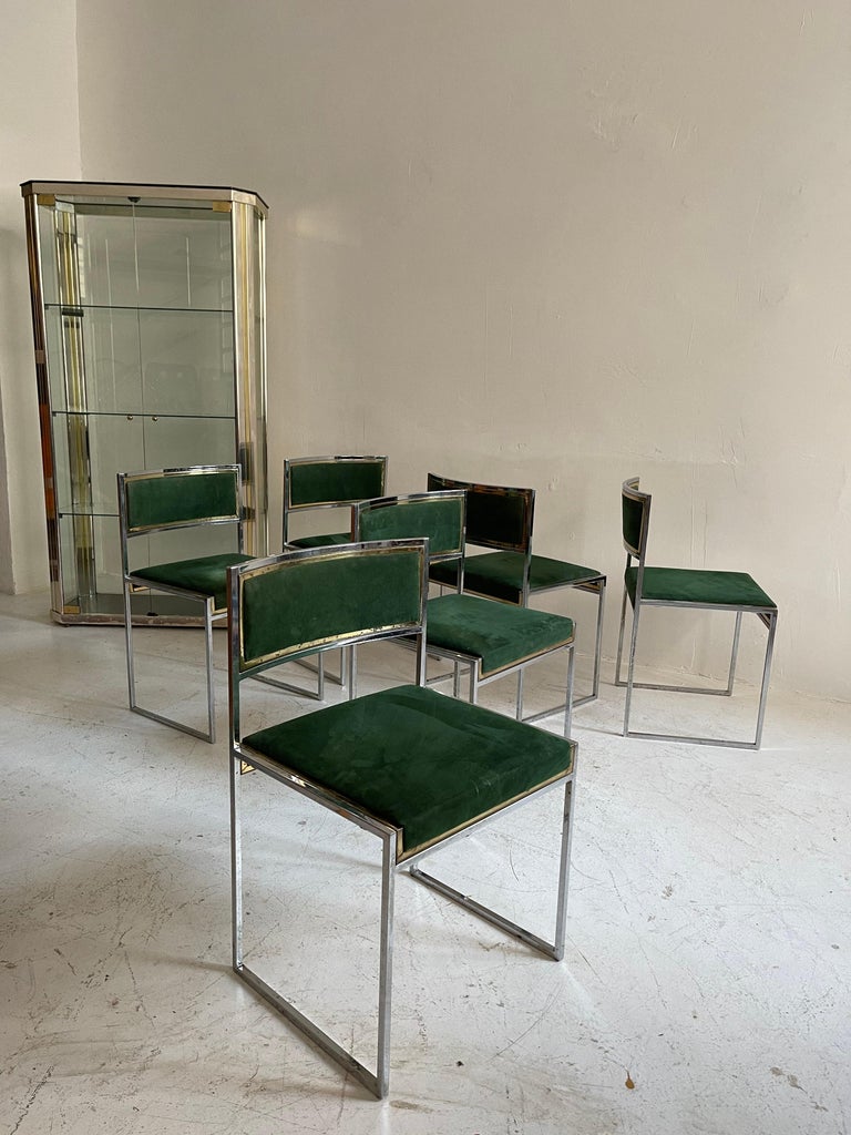 Willy Rizzo Patinated Green Suede Leather Brass Chrome Dining Chairs ...
